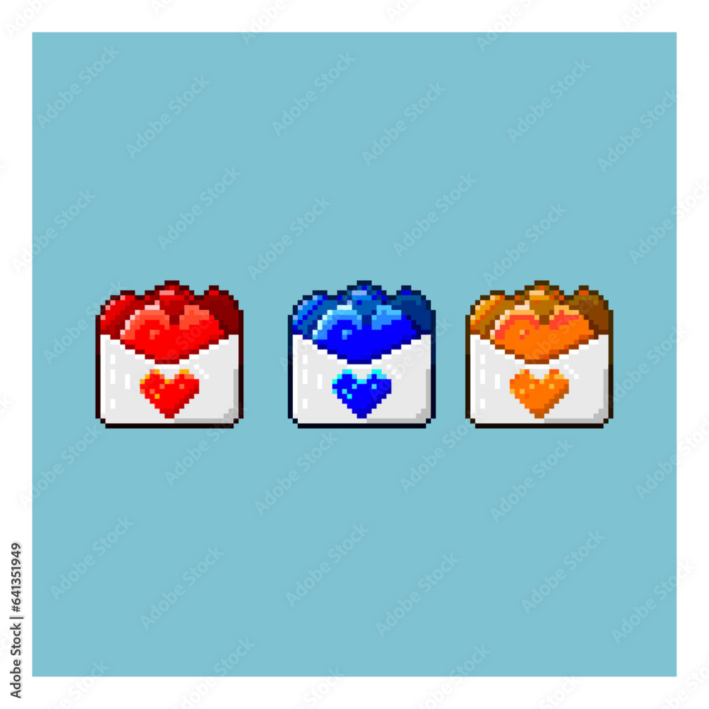 Pixel art sets of mail with heart inside items asset. red,blue,and ...