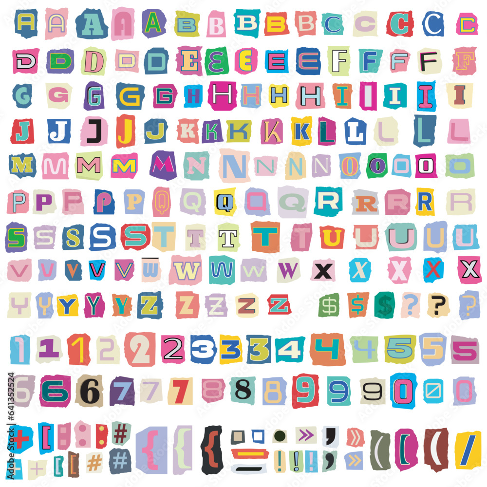Vector Ransom Note Font Cut Paper Letters, Numbers, Symbols. Cutout ...