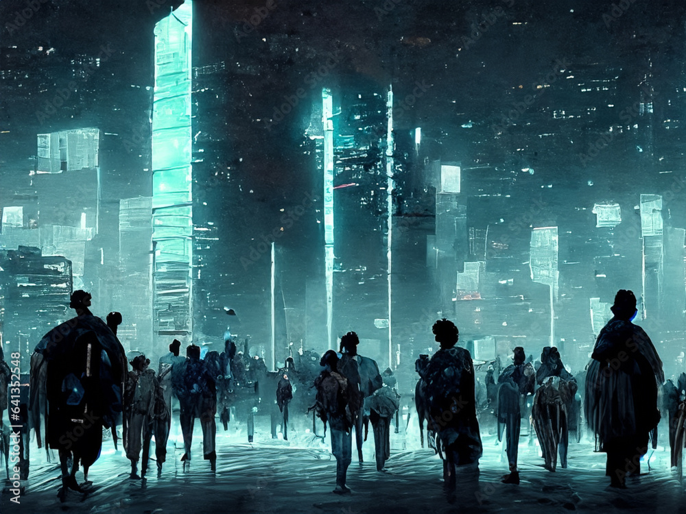 Concept of post apocalyptic futuristic modern city at night, with ...