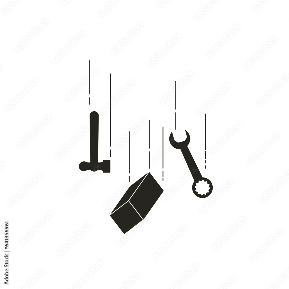 Isolated illustration of black pictogram hammer, wrench, steel block ...