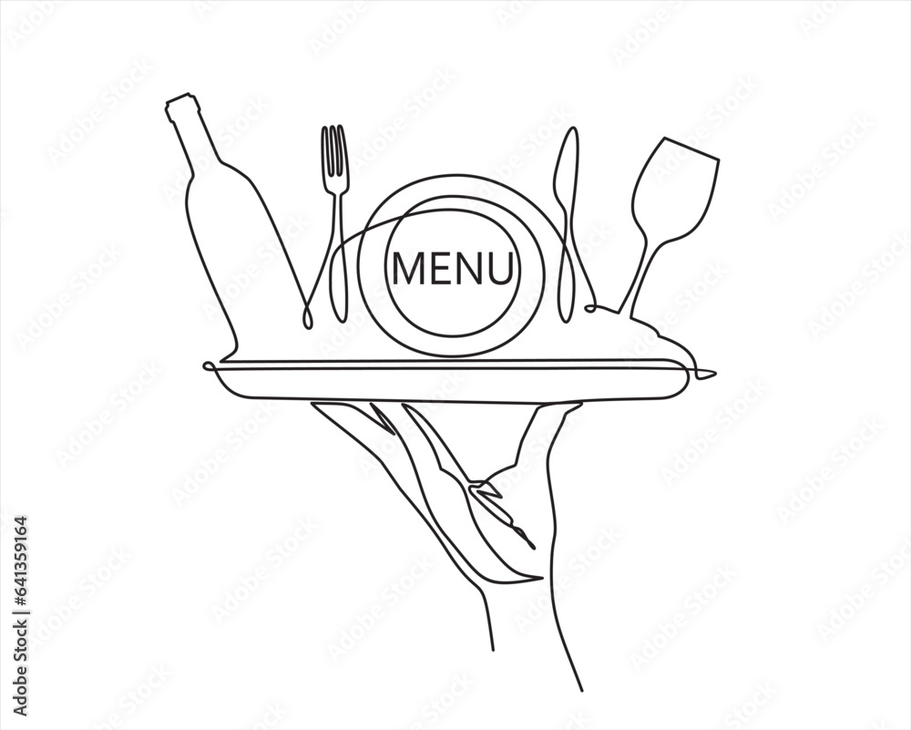 Continuous one single line drawing of hand holding dish with plate ...