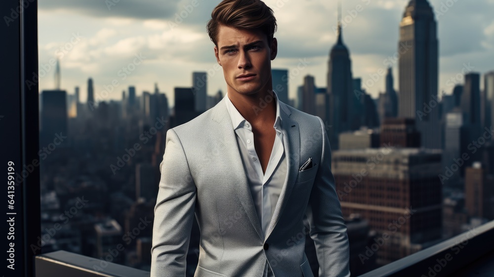 Male model is posing in an urban environment, with modern architectural ...