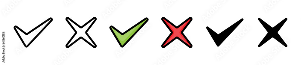 Green check mark icon set in line style. Red cross, Modern tick, Circle ...
