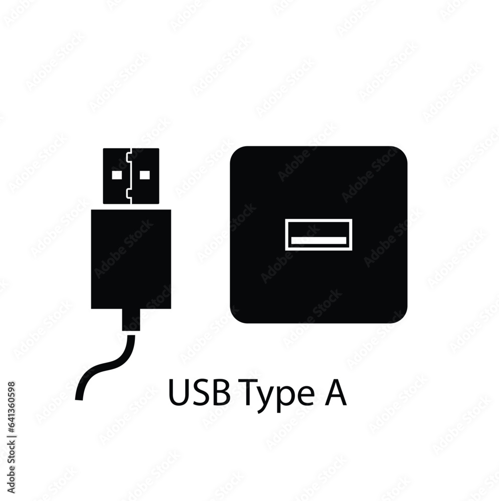 USB Type A connector and cable vector in silhouette style isolated on a ...