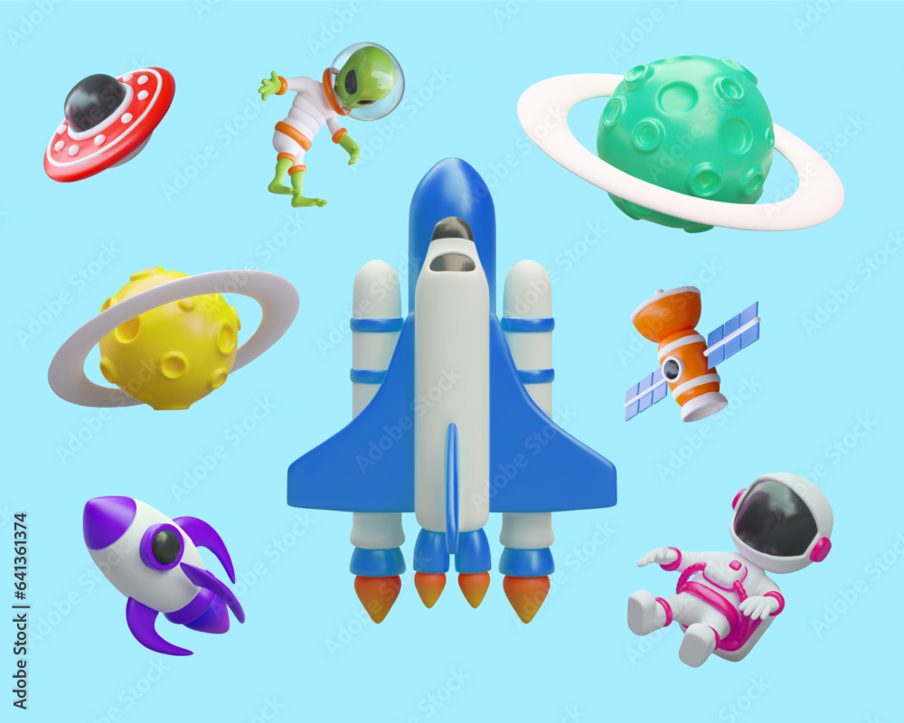 Set of vector 3D space objects. Rocket, shuttle, satellite, flying disc ...