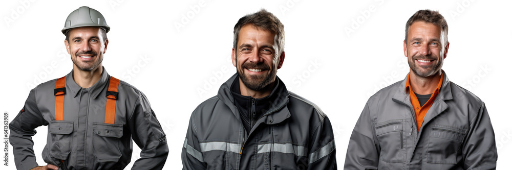 Smiling worker in gray uniform pictured alone on a transparent ...