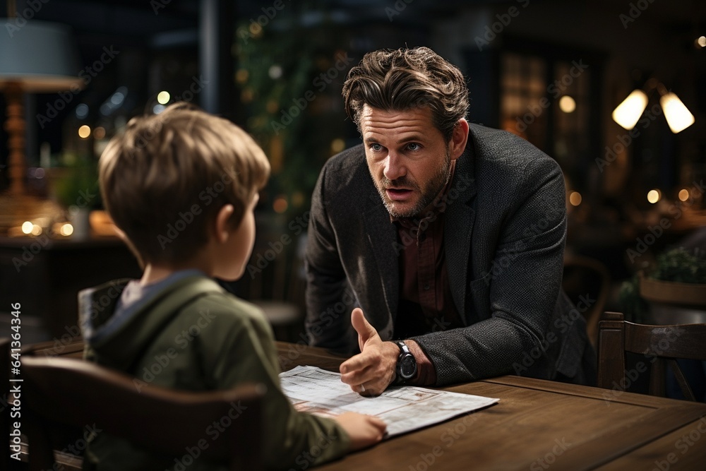 angry father yelling at his heartbroken preschooler son for acting out ...