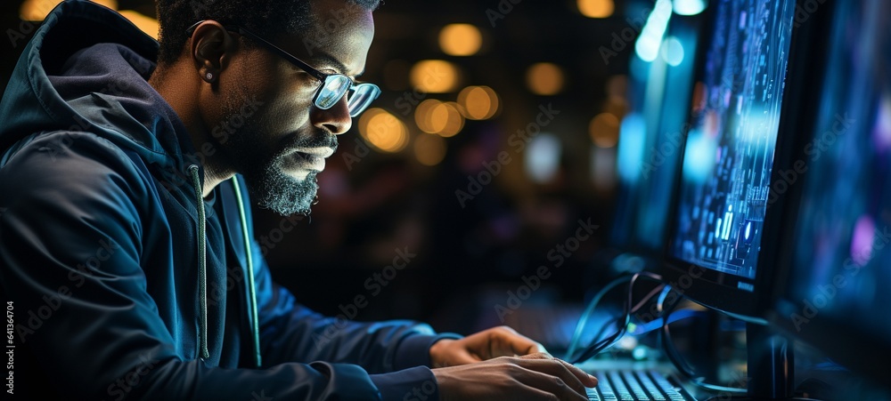Black Man Working On A Computer In Close Up With Lines Of Code Language Reflected In His