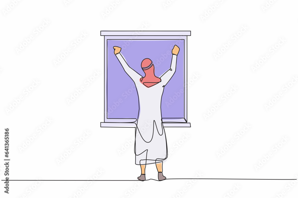 Single continuous line drawing back view relaxed Arabian man stretching ...