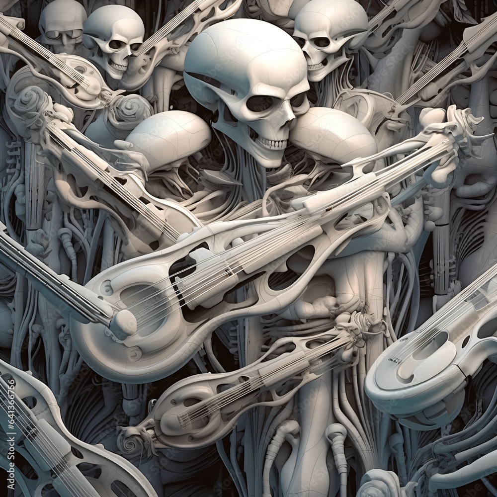 bizarre and surreal alien sound sculpture with many futuristic violins ...