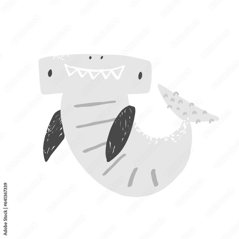 Cute smiling hammerhead shark. Vector hand drawn illustration of shark ...