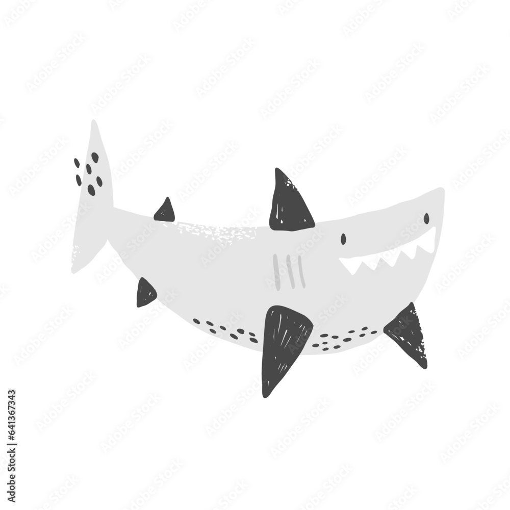 Cute smiling shark. Vector hand drawn kids illustration of shark on ...