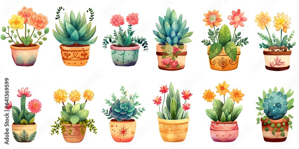 watercolor painting style illustration of cute boho flower pot plants ...