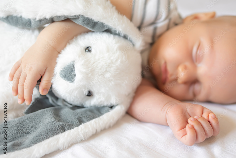 Cute little kid sleeping in bed, tired child taking a nap in his small ...