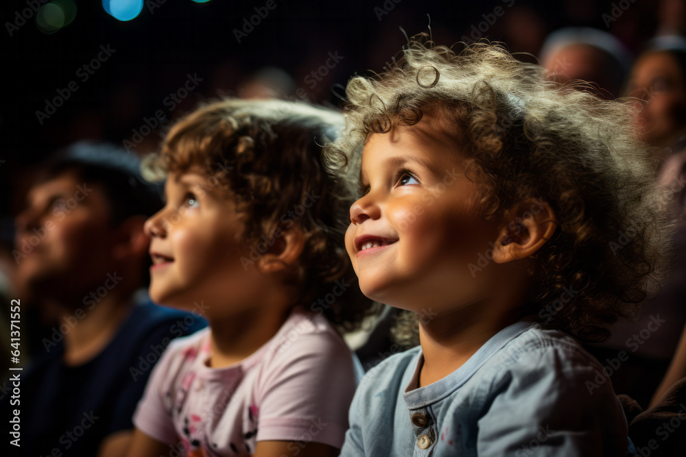 Side view of a children audience enjoying a kids concert or movie with ...