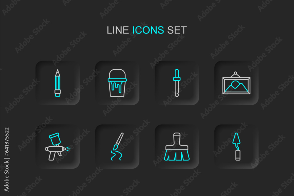 Set line Palette knife, Paint brush, spray gun, Picture landscape ...