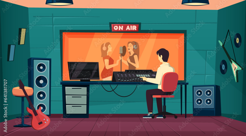 music recording studio. cartoon flat sound recording tools, guitar ...