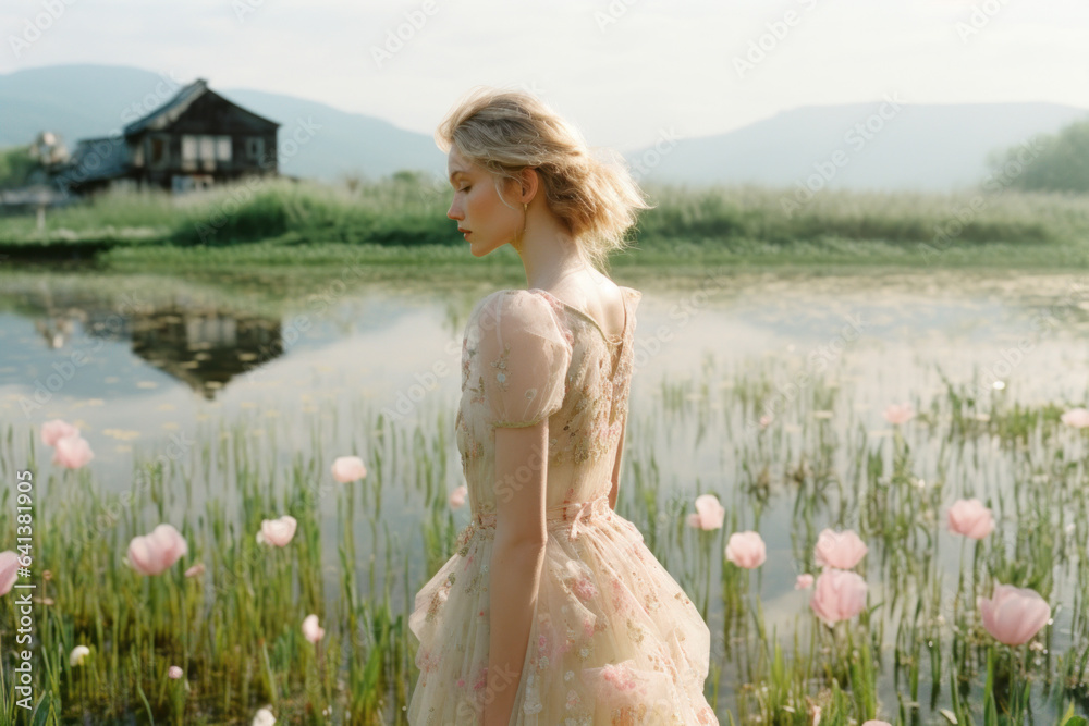 woman/model/book character surrounded by magical ethereal landscape ...
