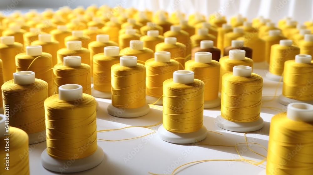 Different shades of yellow colored sewing thread spools on white table ...