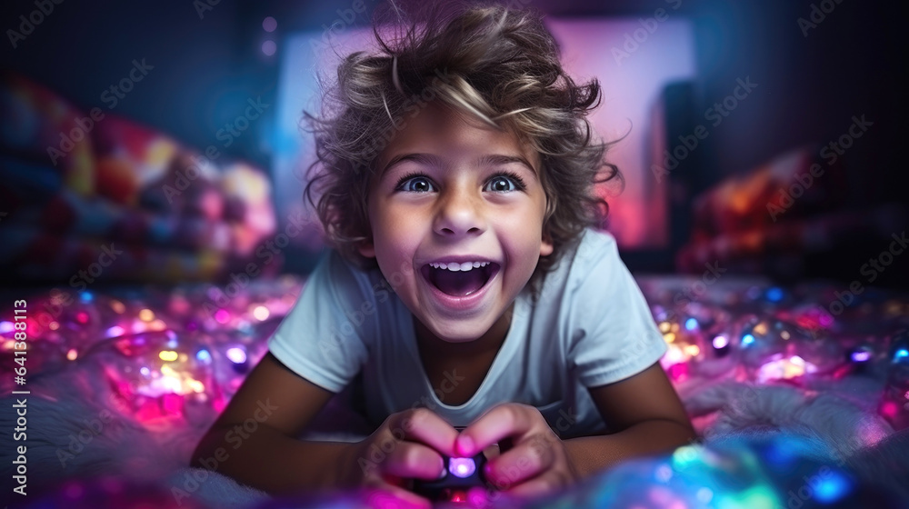 Boy playing a video game, sitting on the floor in his room at night ...