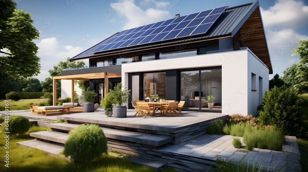 Solar panels installed on the roof of a house. Renewable energy concept ...