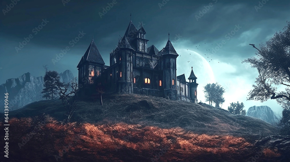 horror halloween haunted castle on creepy spooky night Stock ...