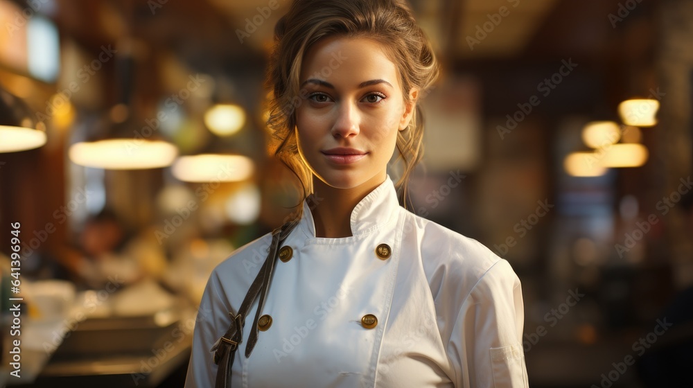 Beautiful female chef wearing chef clothes working in the kitchen ...