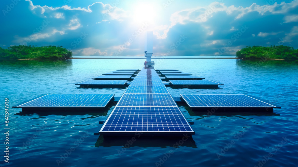 Solar panels installed on a floating platform, harnessing solar power ...