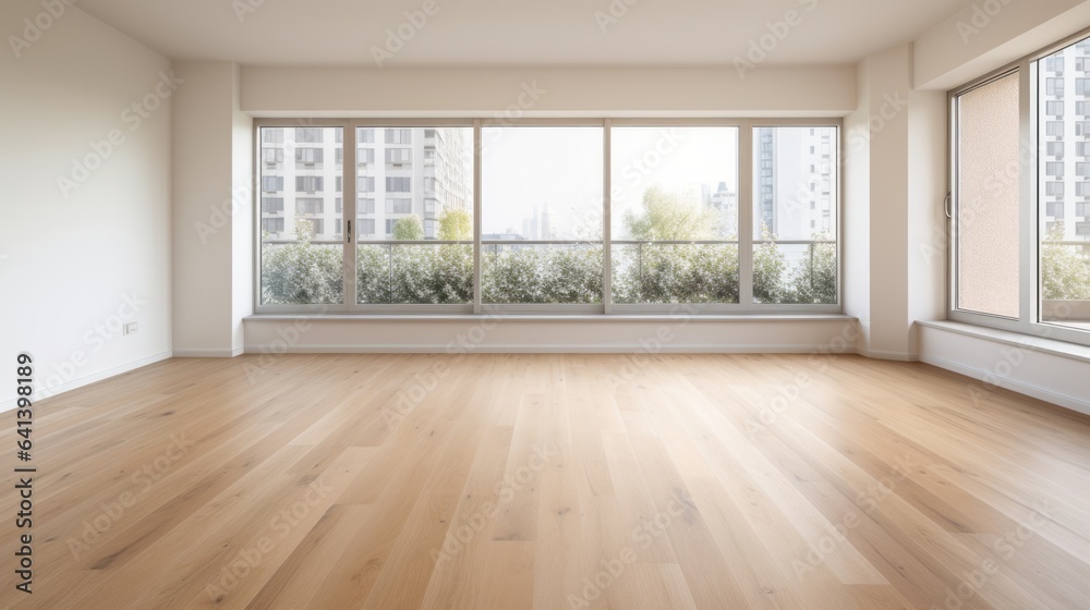 open space plan empty room with wooden floor white wall and daylight ...