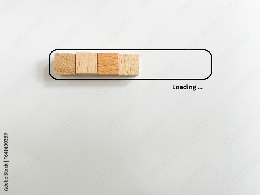 Loading bar. Wooden cube block shape in progress bar with loading text ...