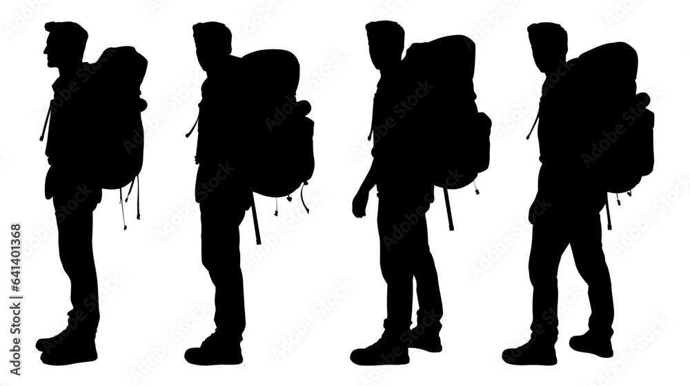 silhouette of man carrying adventure backpack. hiker standing pose with ...