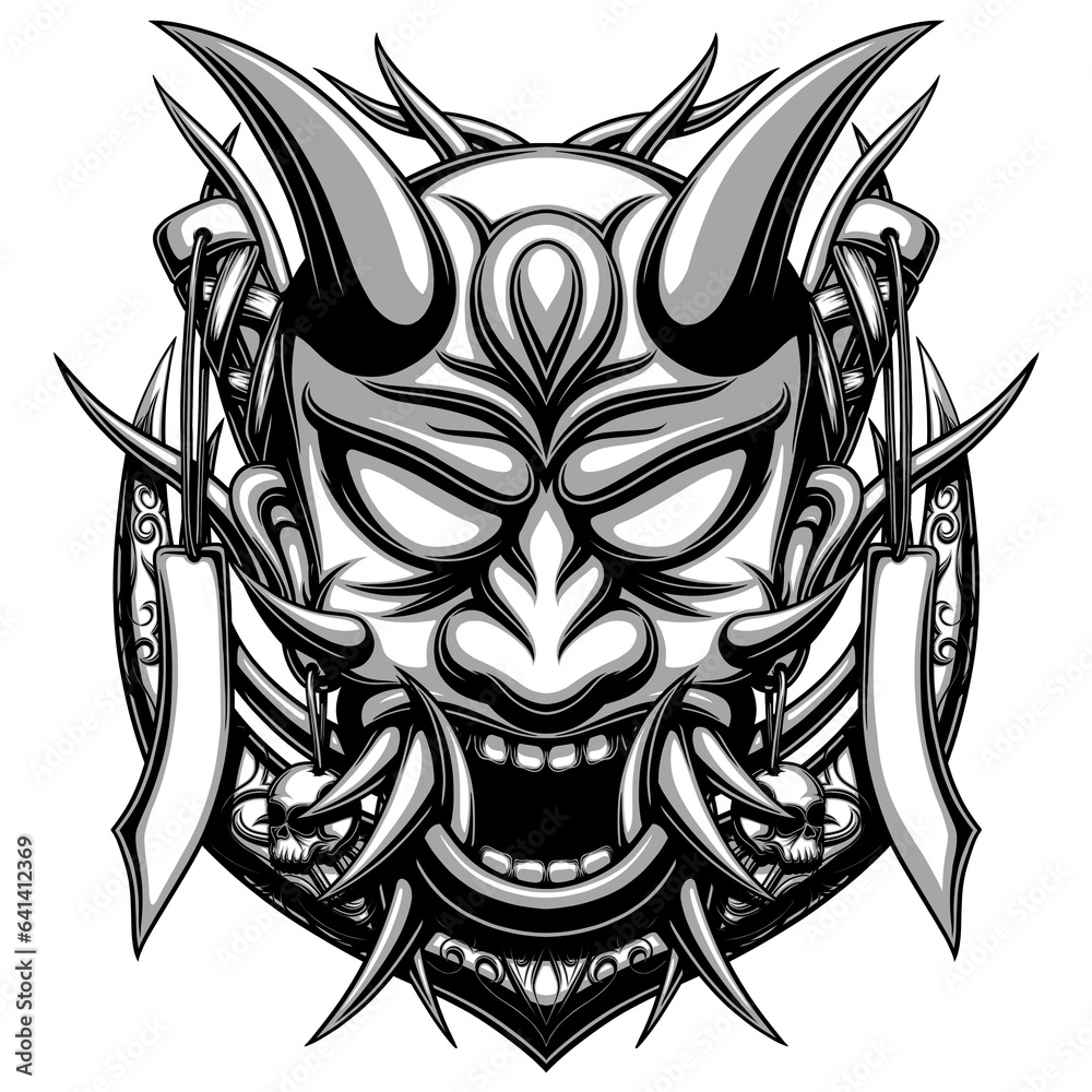 Japanese samurai hannya oni mask line art hatch black white Stock ...