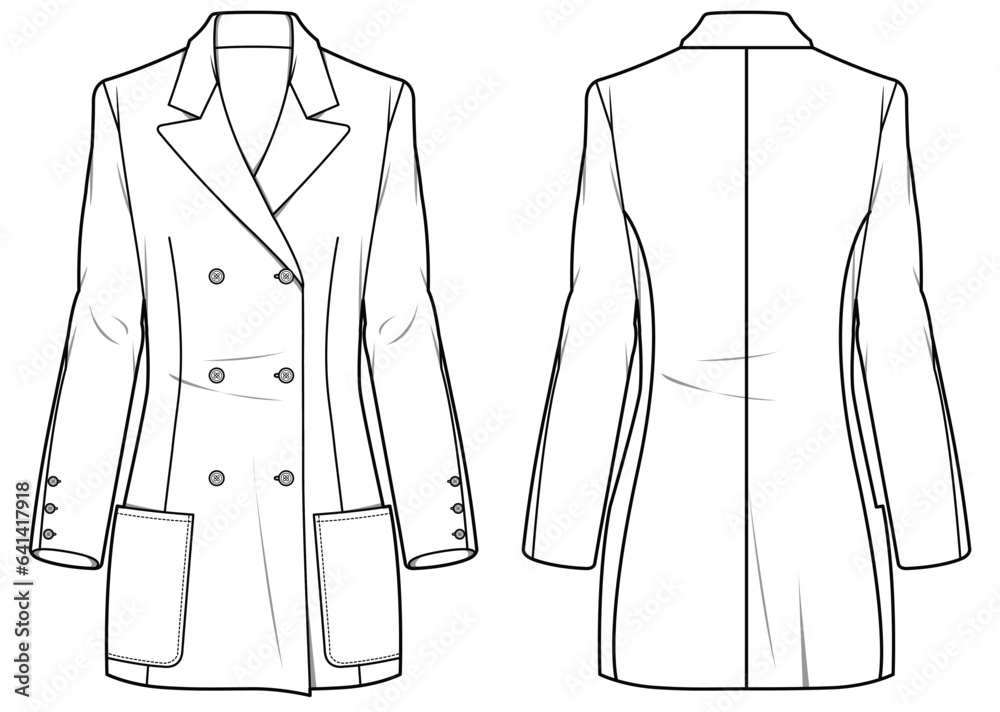 Women's Notch lapel blazer flat sketch fashion illustration front and ...