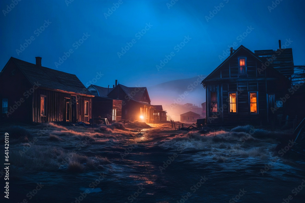 western ghost town at night with eerie spooky lights and long shadows ...