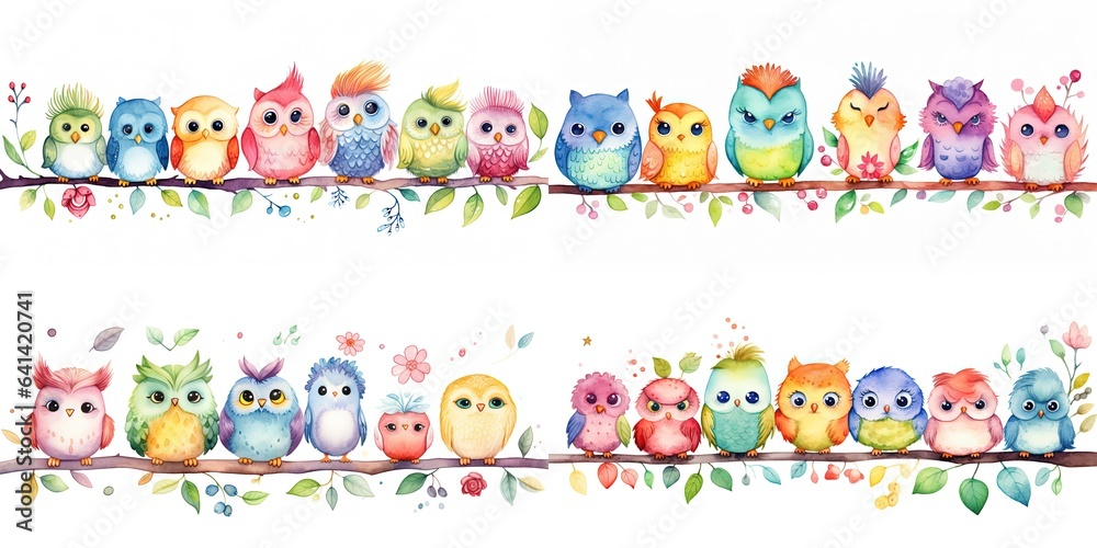 watercolor style illustration of cute owl bird , collection set ...