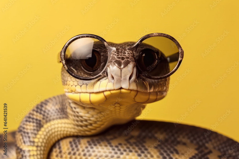 A dangerous yet stylish snake in sunglasses up close, a symbol of ...