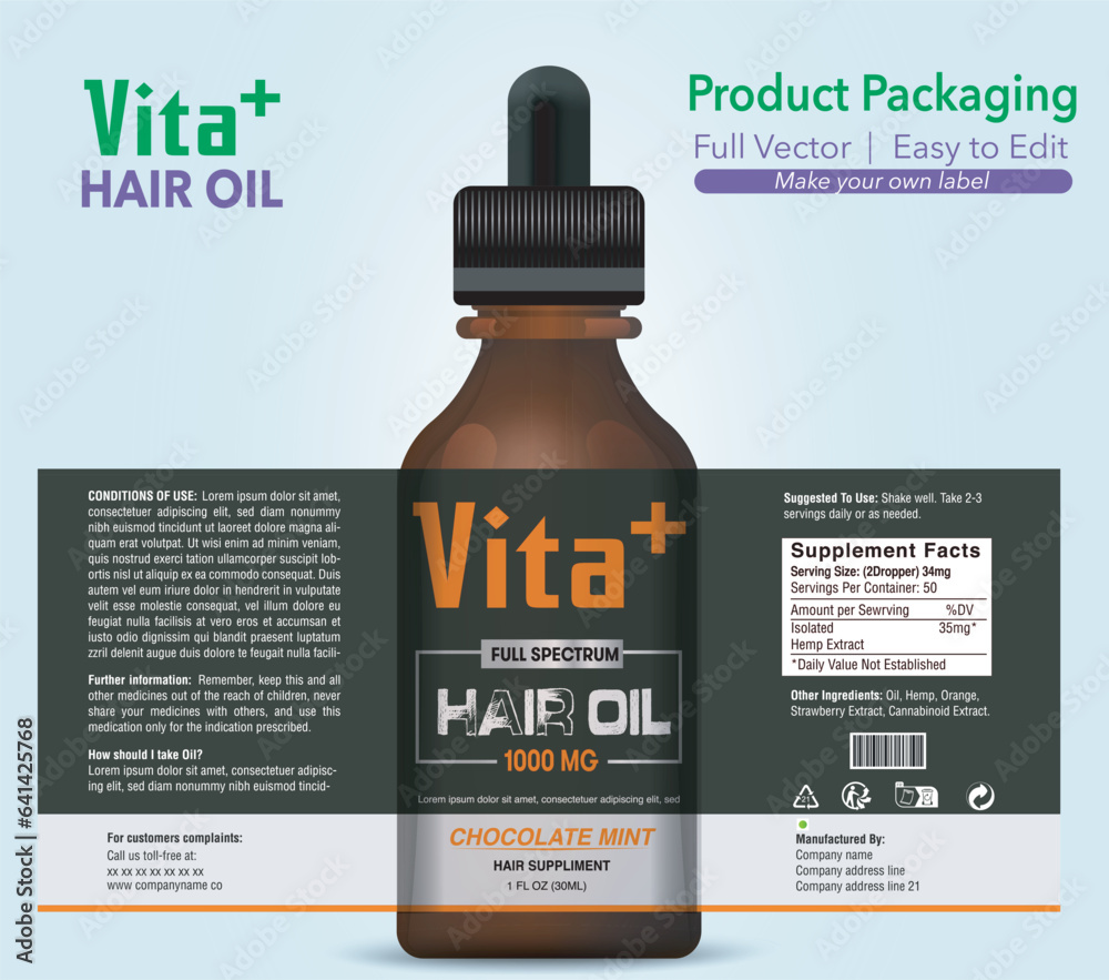 Hair oil Label, Hair Vitamin pack, Oil Supplement labels, Vector bottle ...