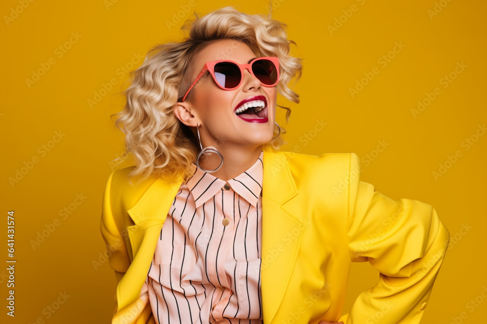 Blond young happy and funny woman laughing wearing 80s fashion in ...