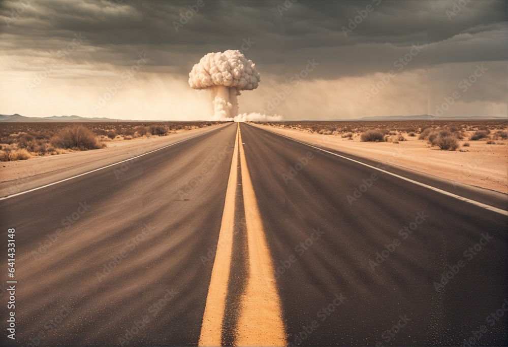 Nuclear catastrophe with mushroom cloud - asphalt road to explosion ...