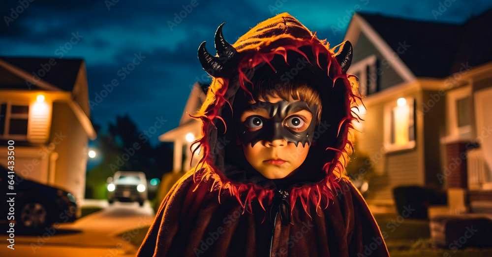 Cute little boy dressed as a devil on Halloween night in the city ...
