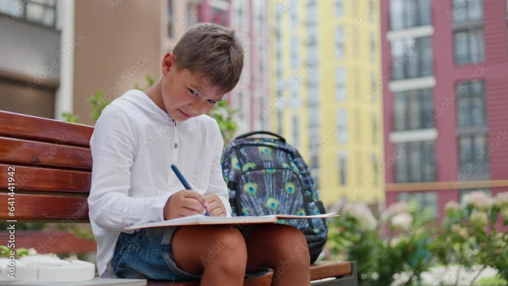 Handsome Boy Reluctantly Doing his Homework Sitting on a Bench After ...