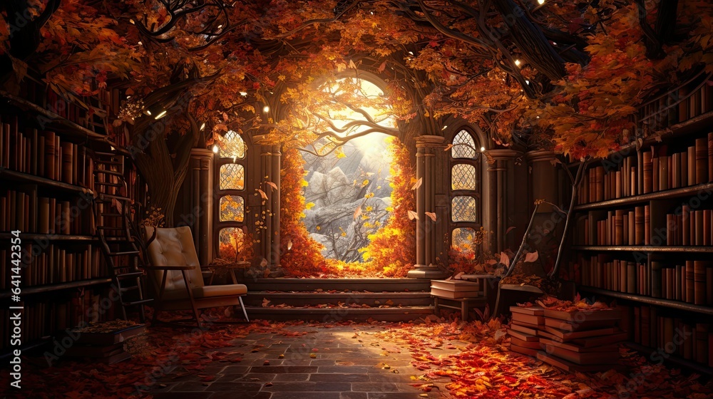 Fantasy portal in an enchanted library, autumn leaves, fairy tale art ...