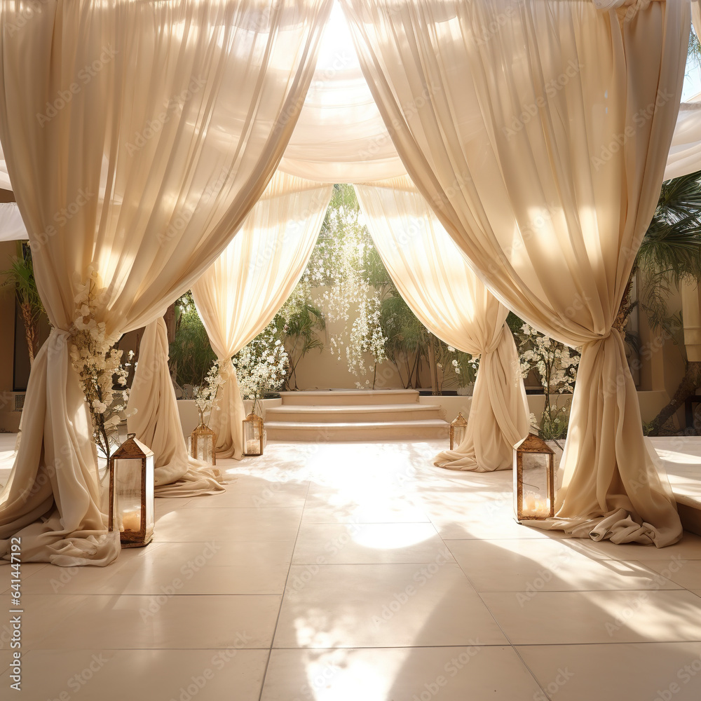 Jewish wedding setting in a minimalist style with fabrics. Chupá or ...