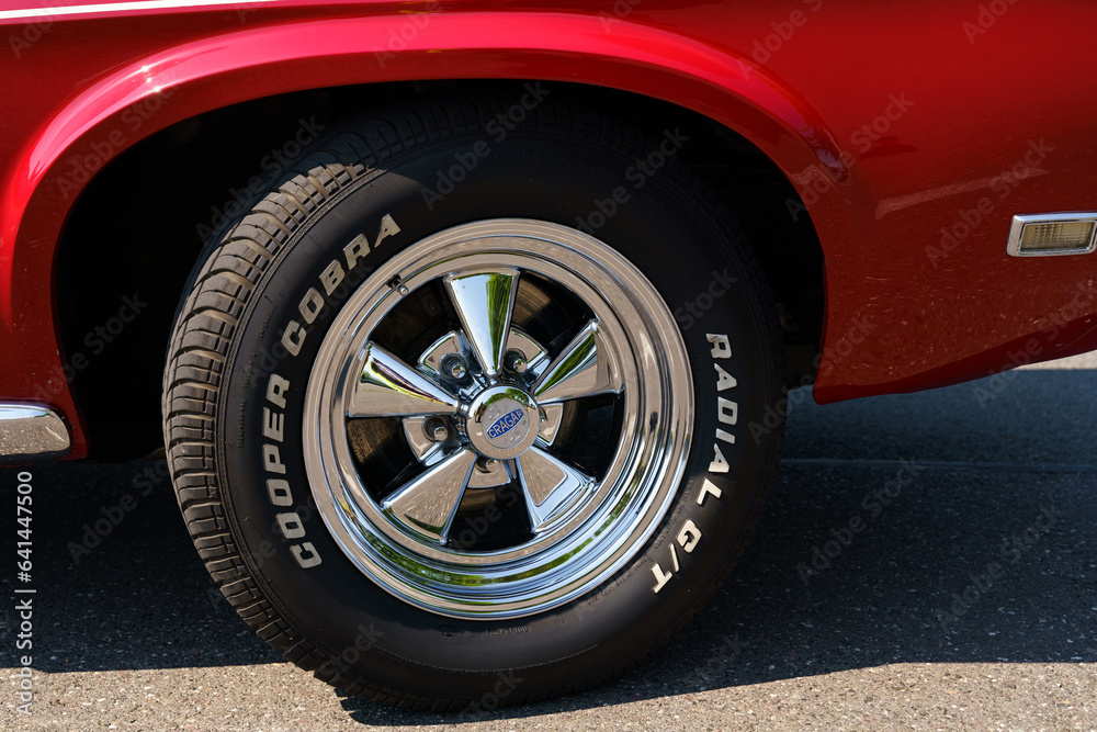 Lincoln Mercury car. View of the wheel with nickel-plated rims and ...