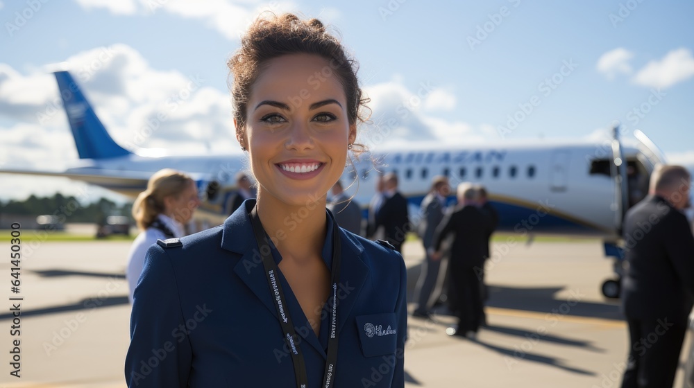 Beautiful woman flight attendant stands in front of a plane with a big ...