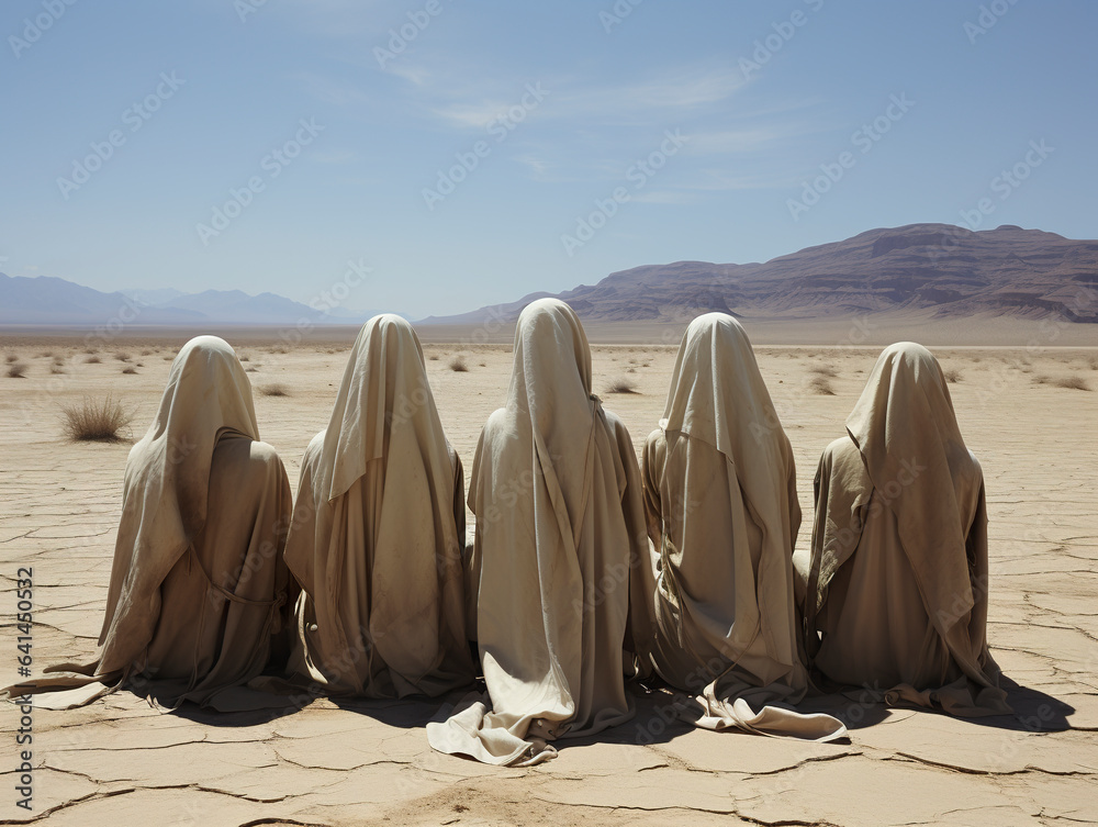 People totally covered from head to toe in the desert. People with ...