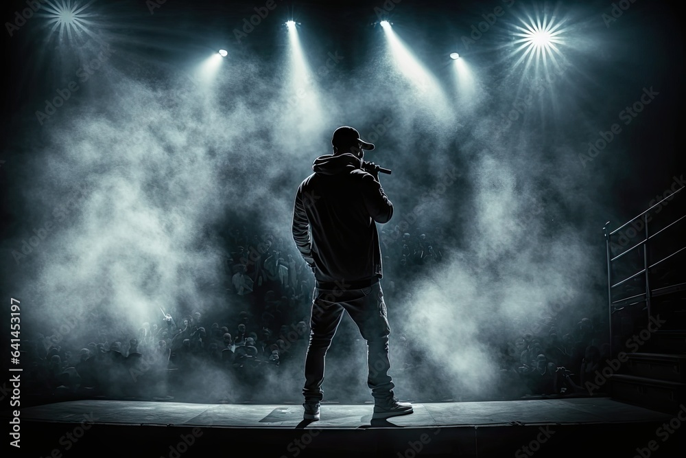 The singer is performing live on stage. The singer is standing in front ...