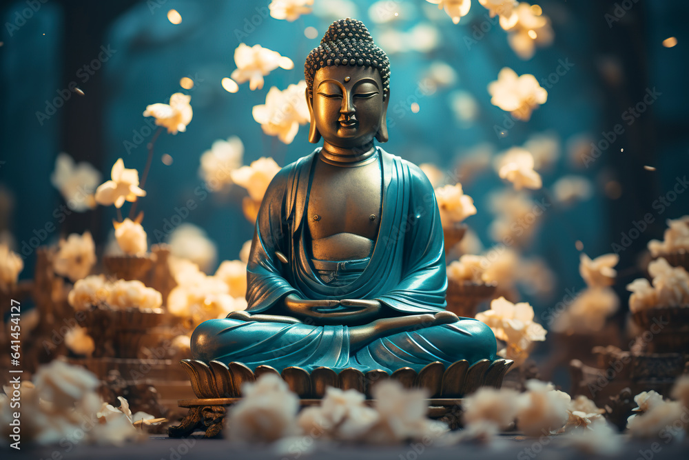 Japanese temple statue of a Buddha in deep meditation. Serene aura of a ...