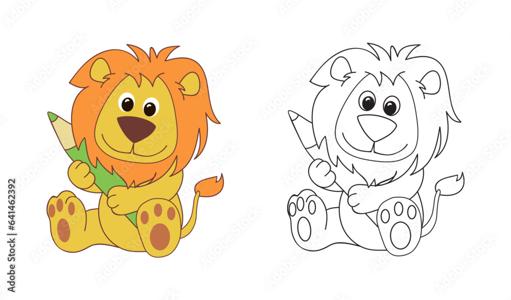Coloring page of cute little leon with pencil for preschool kids ...