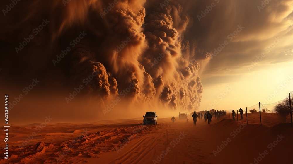 Sandstorm, sand is blown away by a strong wind. Concept: evacuation of ...